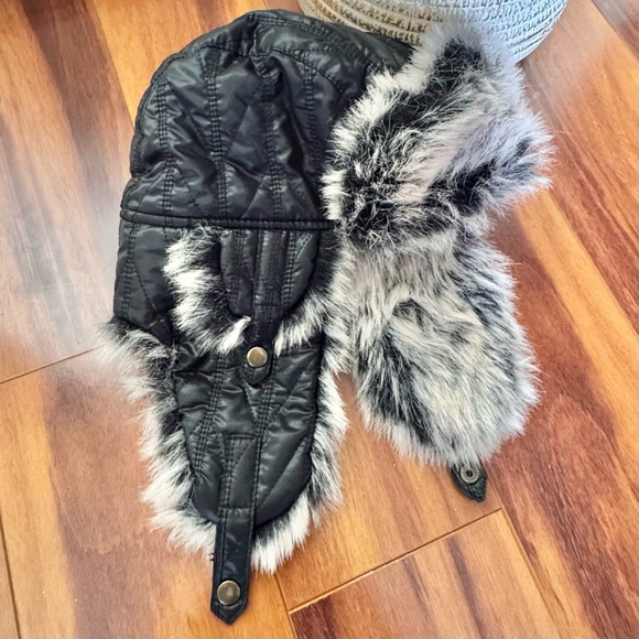 Accessories | Faux Fur Quilted Trapper Hat In Black And Gray | Poshmark